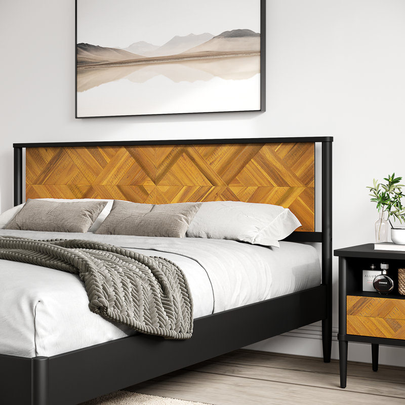 Cartlin Mid Century Modern Acacia Wood Platform Bed Frame with Artistic Chevron Headboard Mystic Black Finish 800lbs Heavy Duty No Box Spring